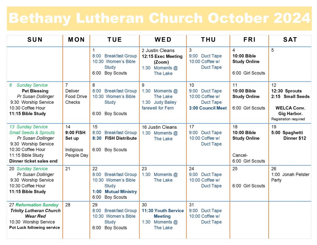 Calendar - Bethany Lutheran Church