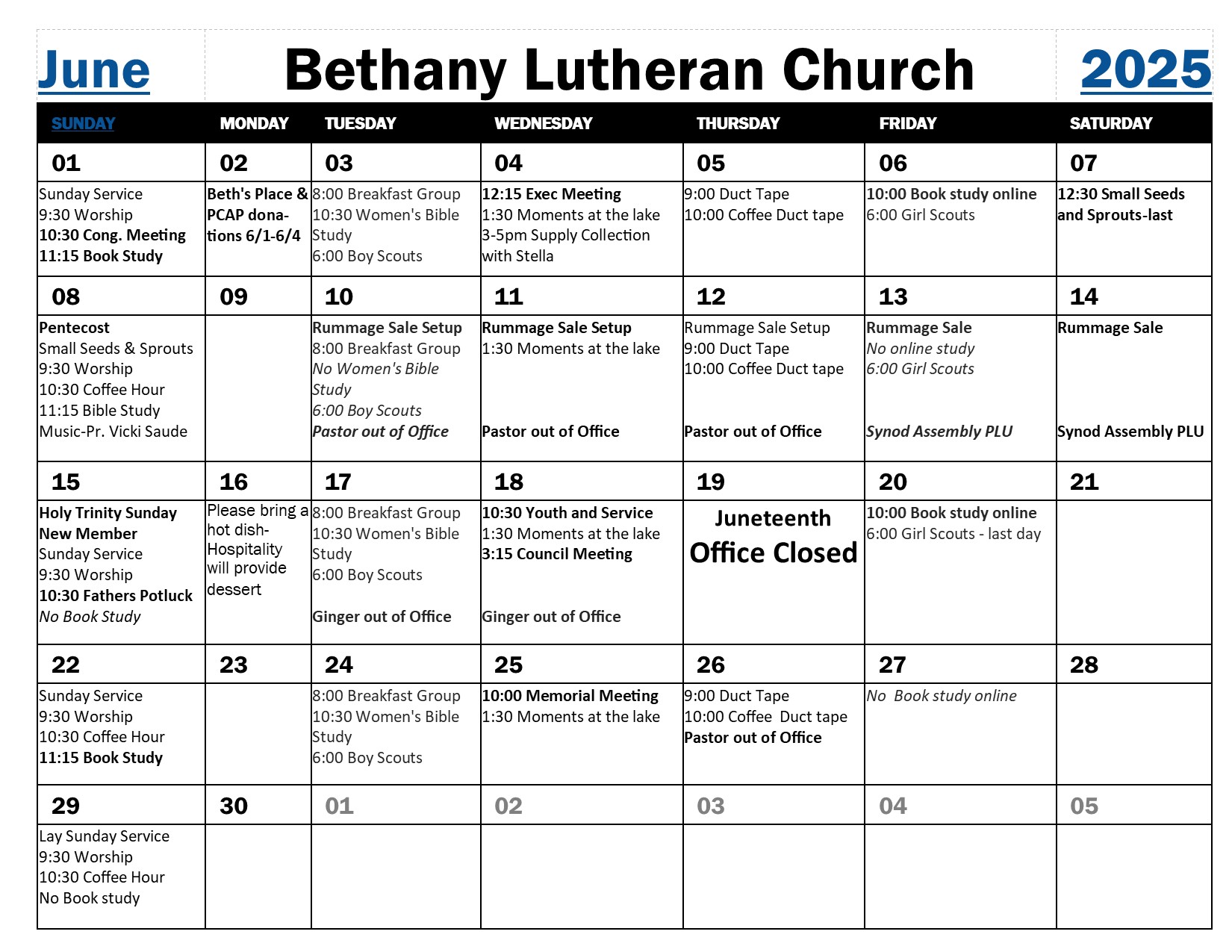 Calendar - Bethany Lutheran Church